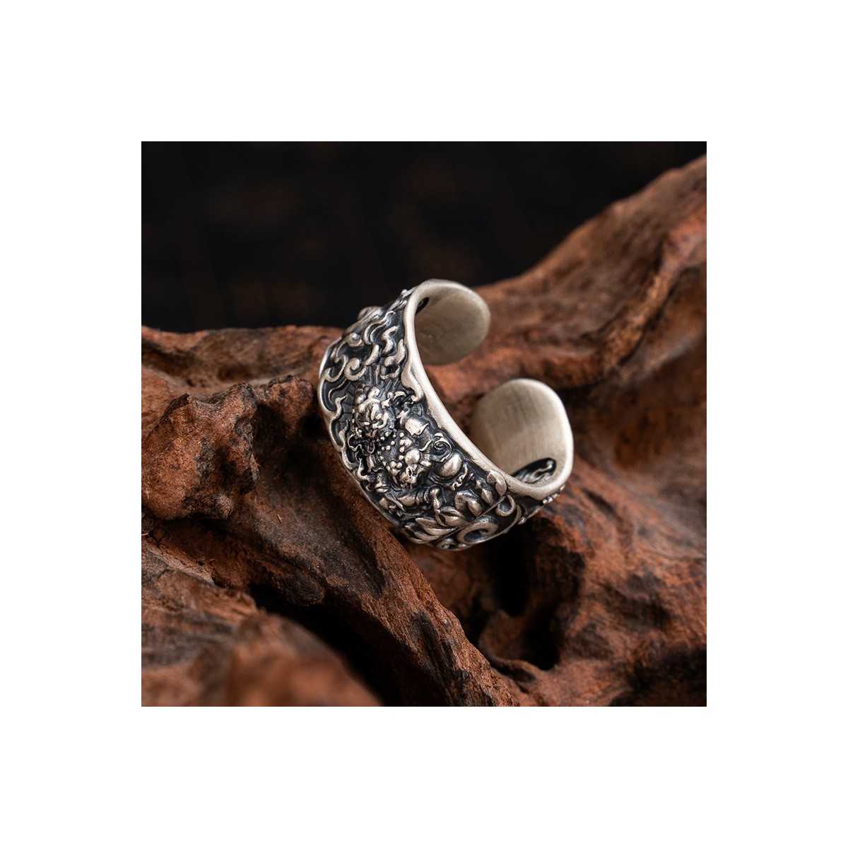 Boutique Hand-carved Yellow Jambhala Tibetan Silver Ring | Mooras.com